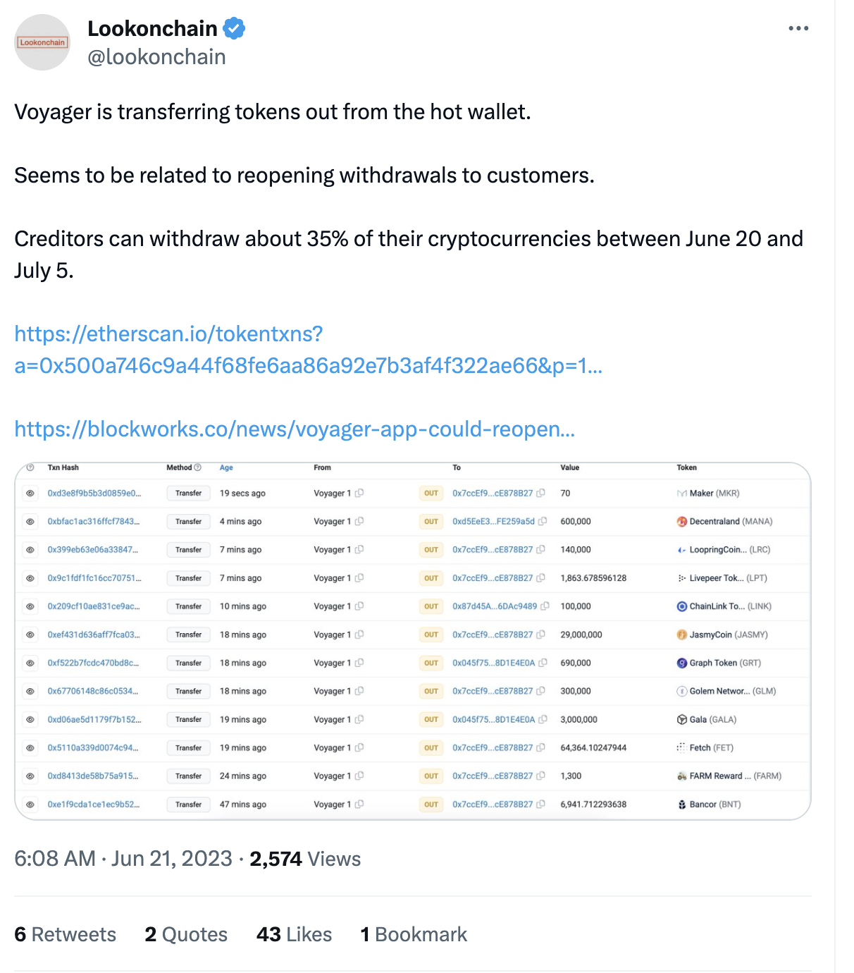 Voyager is Transferring Tokens out from the Hot Wallet. – Cointime